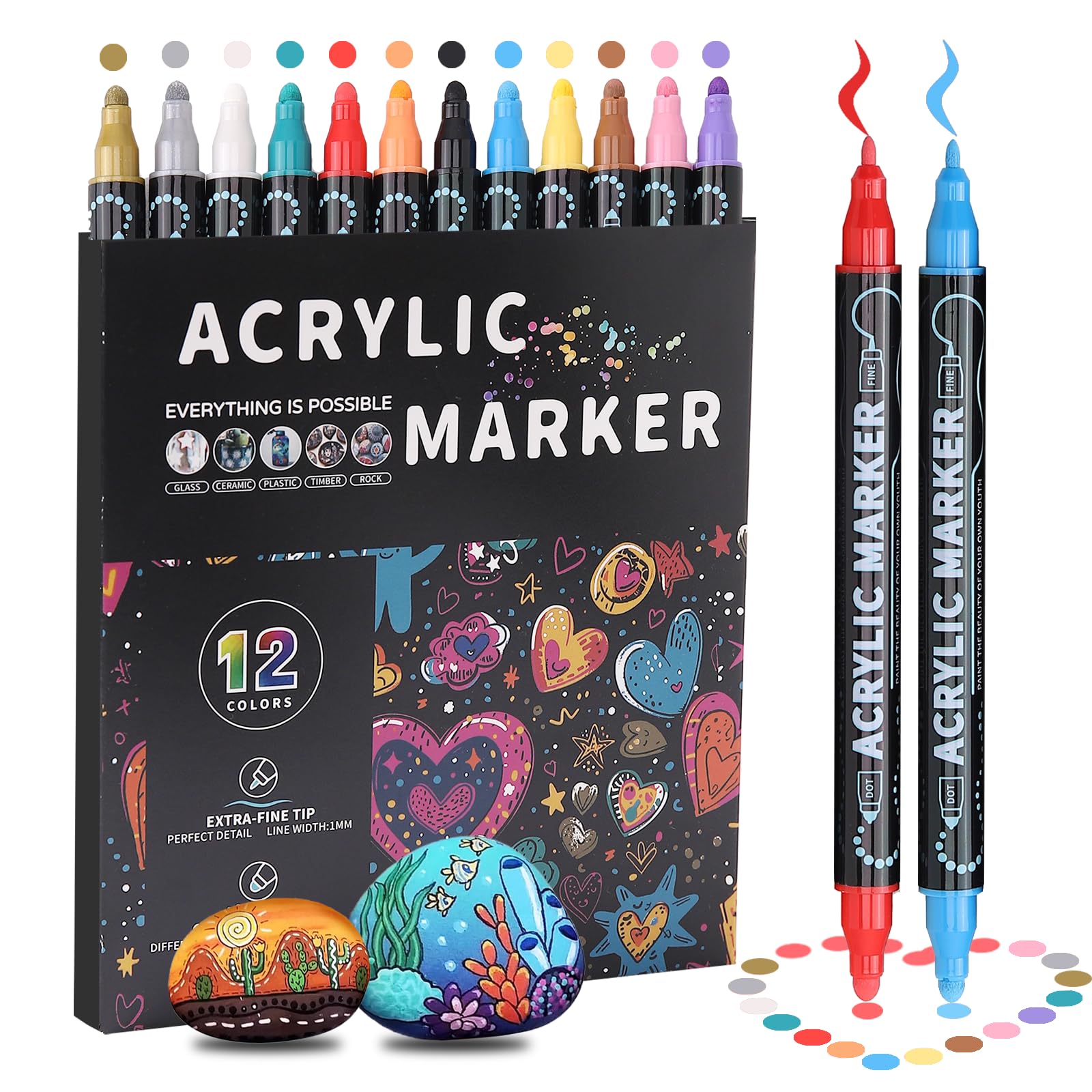 nauets 24 Colors Dual Tip Acrylic Paint Pens, Fine & Dot Tip Premium Coloring Markers Set for Wood, Rock Painting, Stone, Drawing, Canvas, Glass, Ceramic Surfaces and DIY Crafts Making Art Supplies