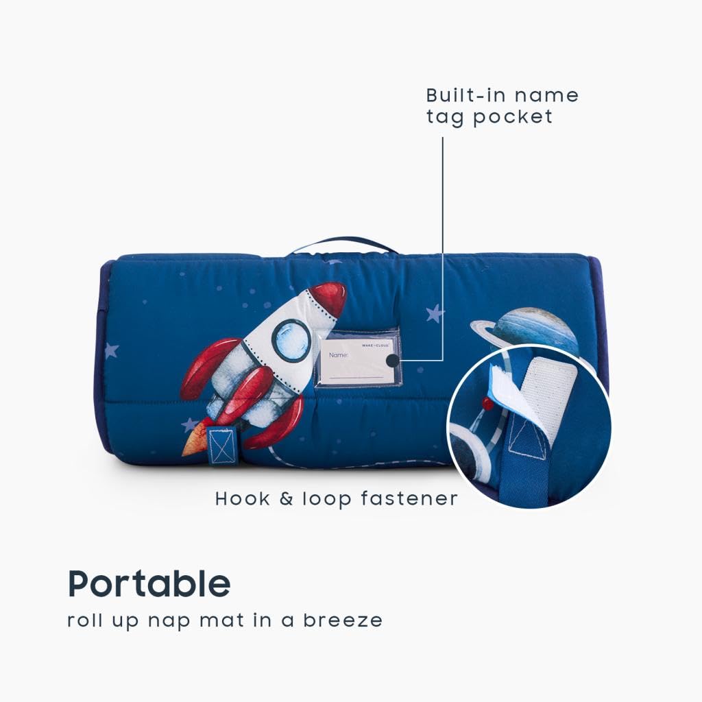 Wake In Cloud - Nap Mat with Removable Pillow for Kids Toddler Boys Girls Daycare Preschool Kindergarten Sleeping Bag, Rockets Space Planet Astronauts on Navy Blue, 100% Soft Microfiber