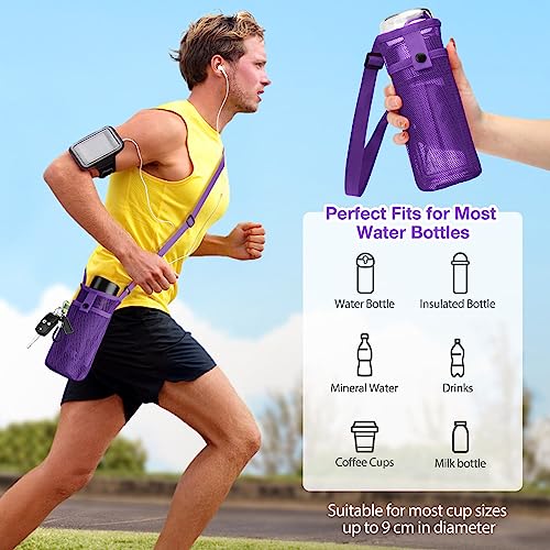 Water Bottle Bag with Strap, Mesh Water Bottle Holder Crossbody Bottle Sling Bag Adjustable Shoulder Strap and Pocket - Lightweight Water Bottle Carrier for Walking Sports Hiking Camping (Purple)