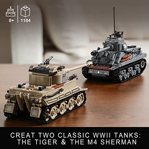 WW2 Army Tank Toys Building Kit, Create a German Tiger Tank and an American M4 Sherman Tank Model, Include 1184 Blocks, Great Military Toy Gift for Boys, Kids, and Teens Age 8-14