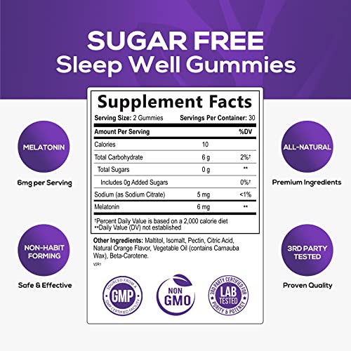 Sleep Gummies Sugar Free - Extra Strength 6mg Melatonin, Natural Sleeping Gummy for Adults and Kids, Vegan, Non-GMO, Sleep Vitamin Support Supplement - 60 Gummies