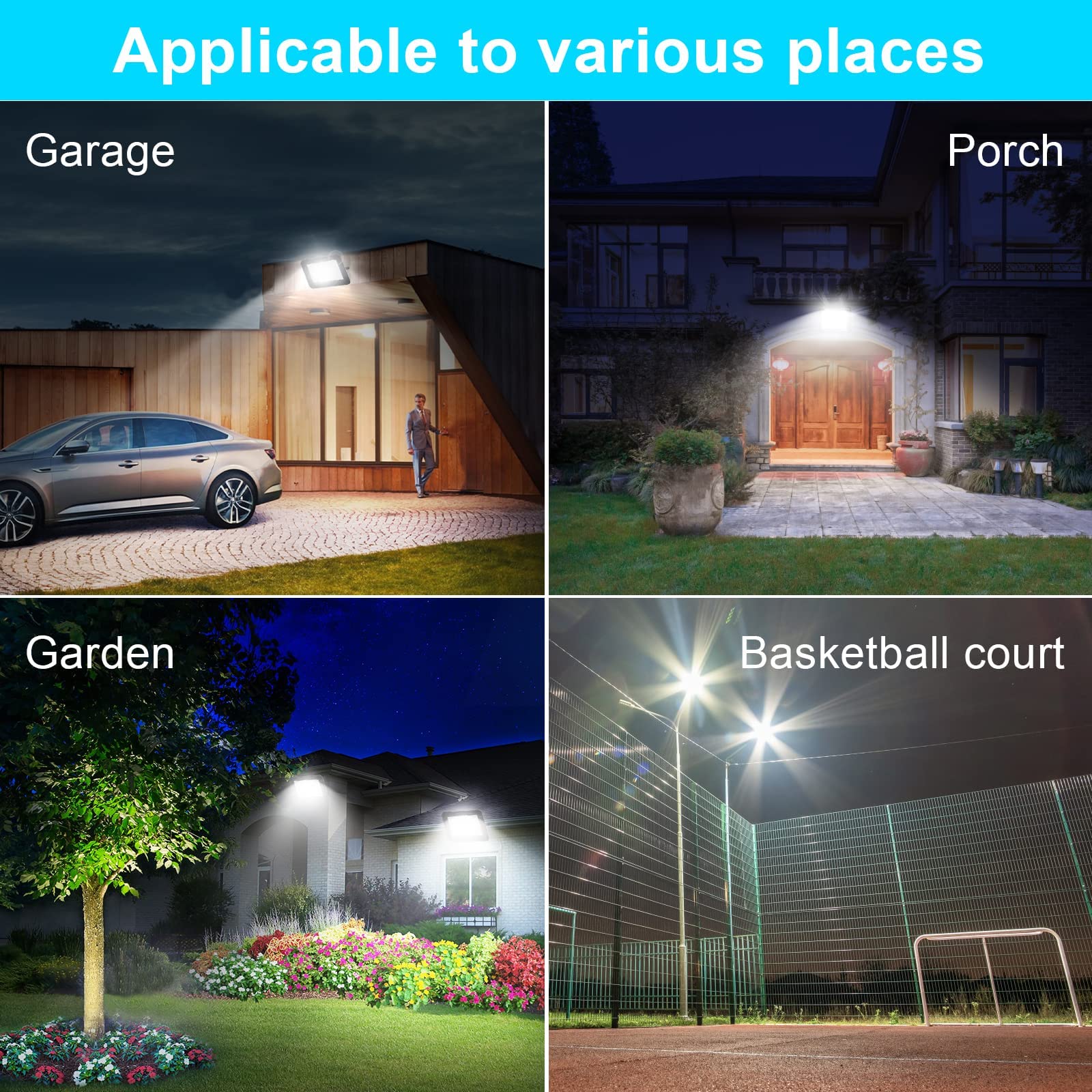LKXDOV LED Flood Lights Outdoor, 100W 10000LM Outside Work Light with Plug IP66 Waterproof, 6000K Portable Exteriores Security Floodlights for Yard, Garden, Stadium, Playground (2 Pack)