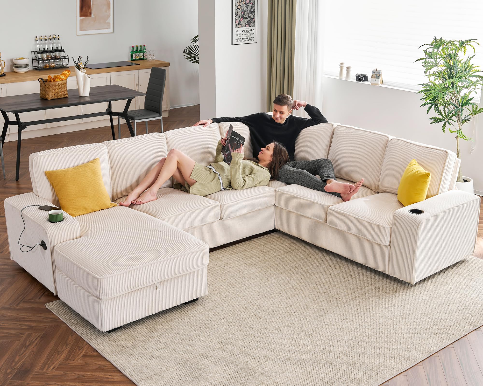 PaPaJet 112 inch Sectional Sofa, Oversized Sofa with Storage Chaise, U Shaped Sofa Couch with USB Ports, Corduroy Couch—Grey