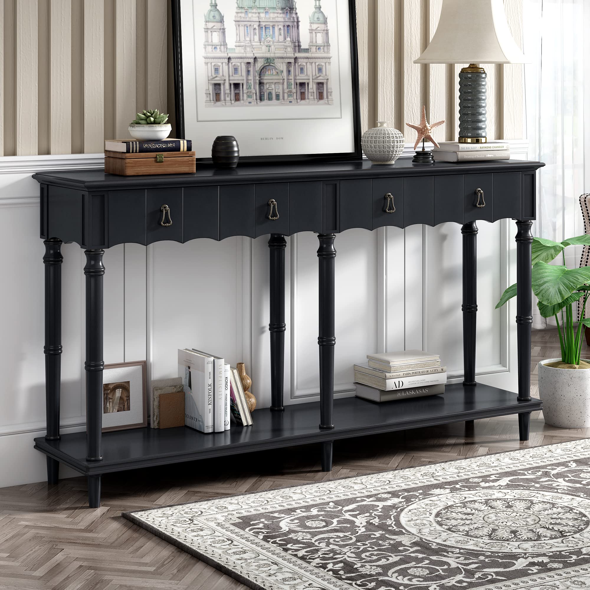 Fuhomtre Modern Console Table with Drawers, Sofa Table, Black Wood Entryway Table, for Couch Hallway Living Room Bedroom Foyer with 4 Front Facing Storage Drawers and 1 Sh
