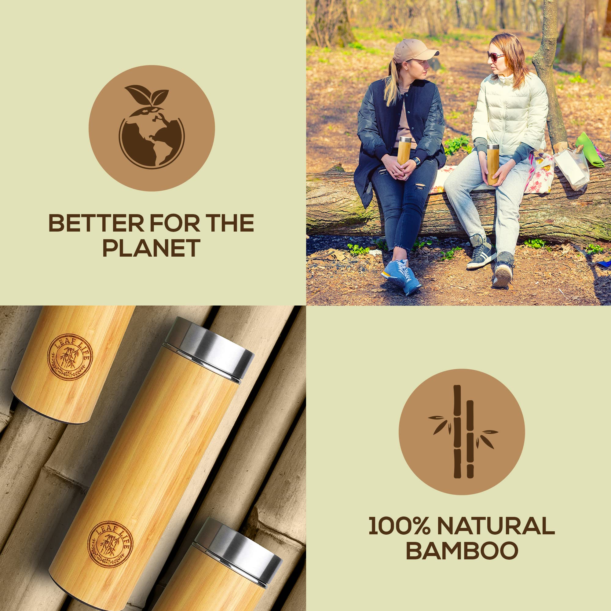 LeafLife Premium Bamboo Thermos with Tea Infusers for Loose Tea 17oz - Hot & Cold for 12 Hrs - Tea Accessories - Long Handled Tea Strainers - Unique Gifts for Women, Tea Gift Set for Women