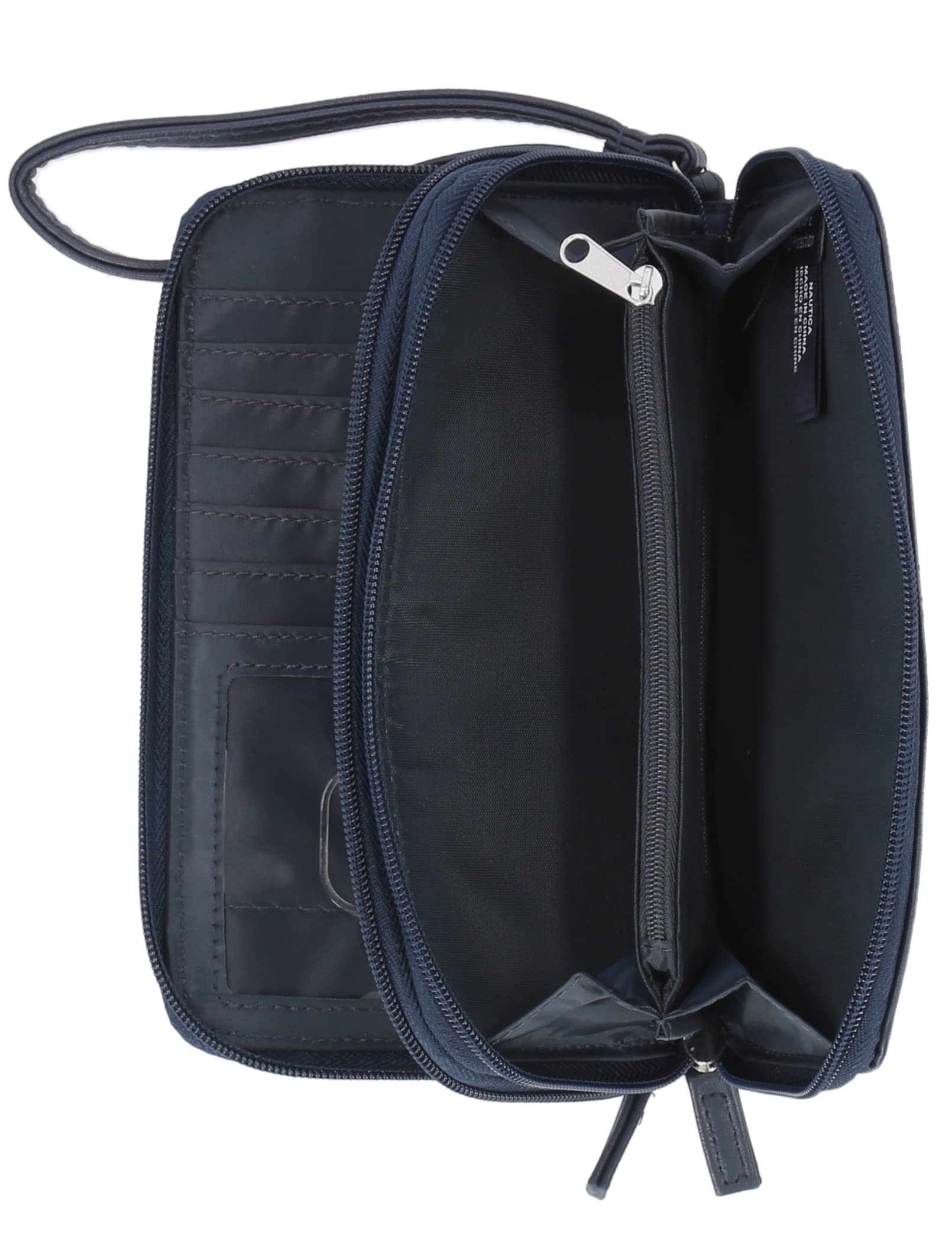Nautica On The Double Zip Around Vegan Leather Womens RFID Clutch Wallet With Wristlet Strap (Indigo)