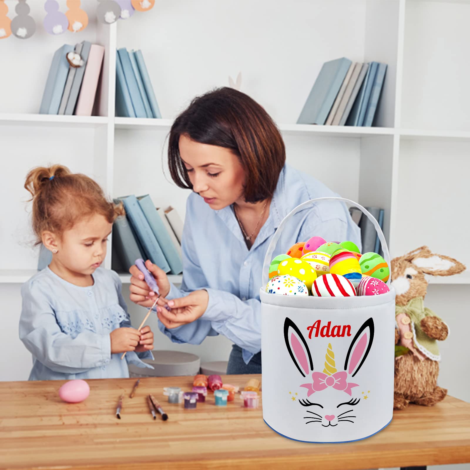 Personalized Buny Easter Basket with Name Custom Canvas Eggs Hunt Baskets for Candy Customized Tote Gift Bags for Boys Girls