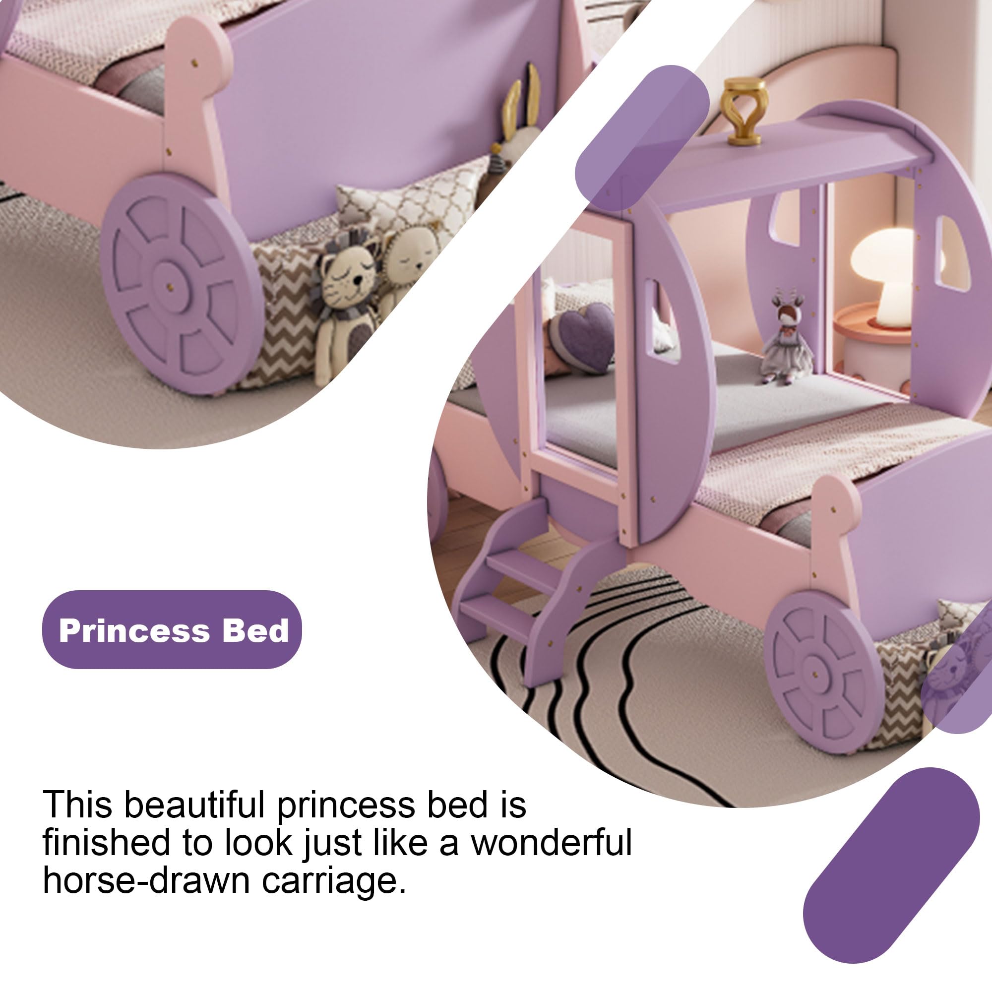 SOFTSEA Princess Twin Bed Frame, Wood Carriage Bed with Stairs, Purple+Pink, 88x55.9x59.1in, 112LBS, 300LBS Capacity, Includes Tools, for Girls