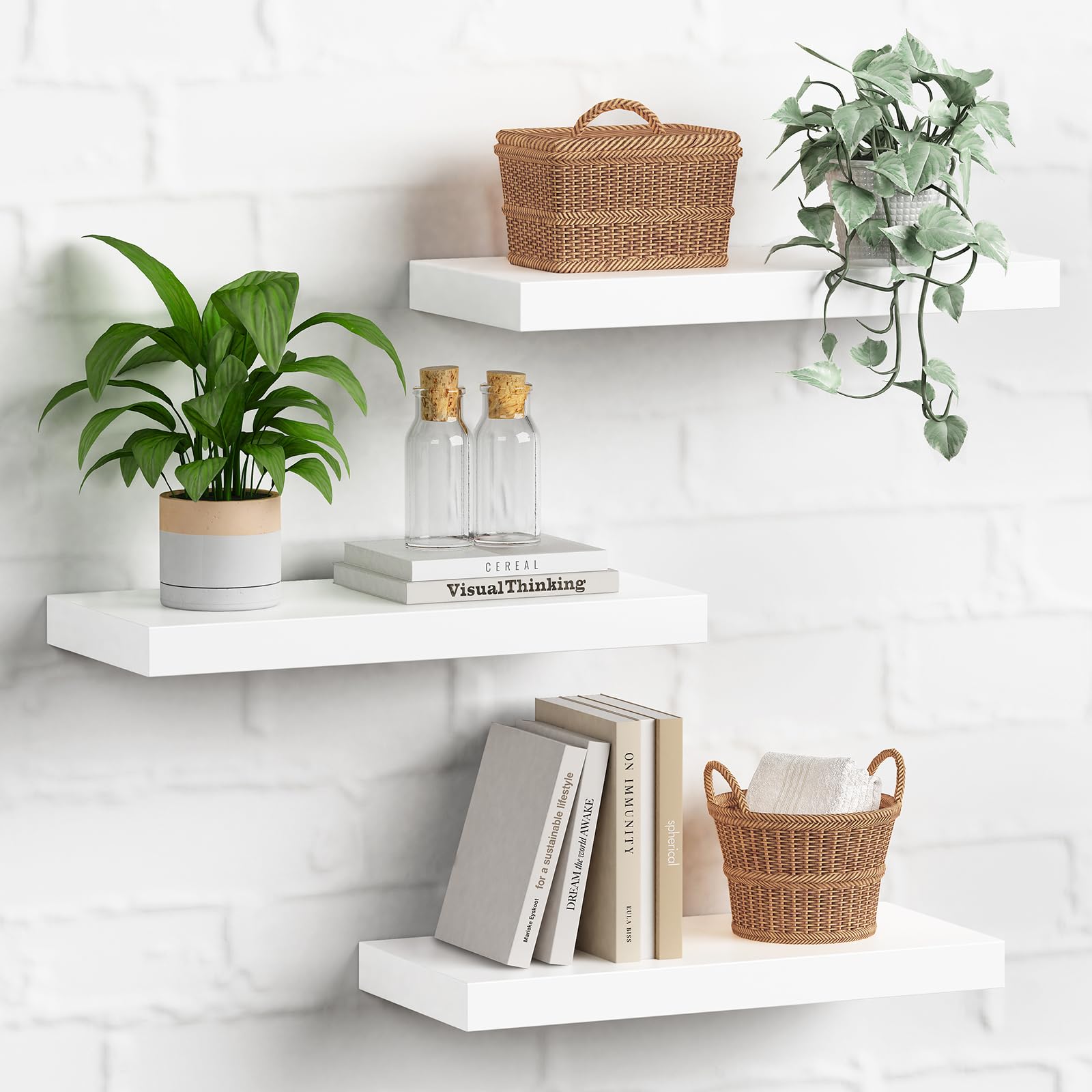 Forbena White Floating Shelves for Bedroom Books Set of 3, Small Wall Bookshelves for Small Spaces, Invisible Wall Mounted Bookshelf for Bathroom Towels, Living Room Decor, Plants, Shoes