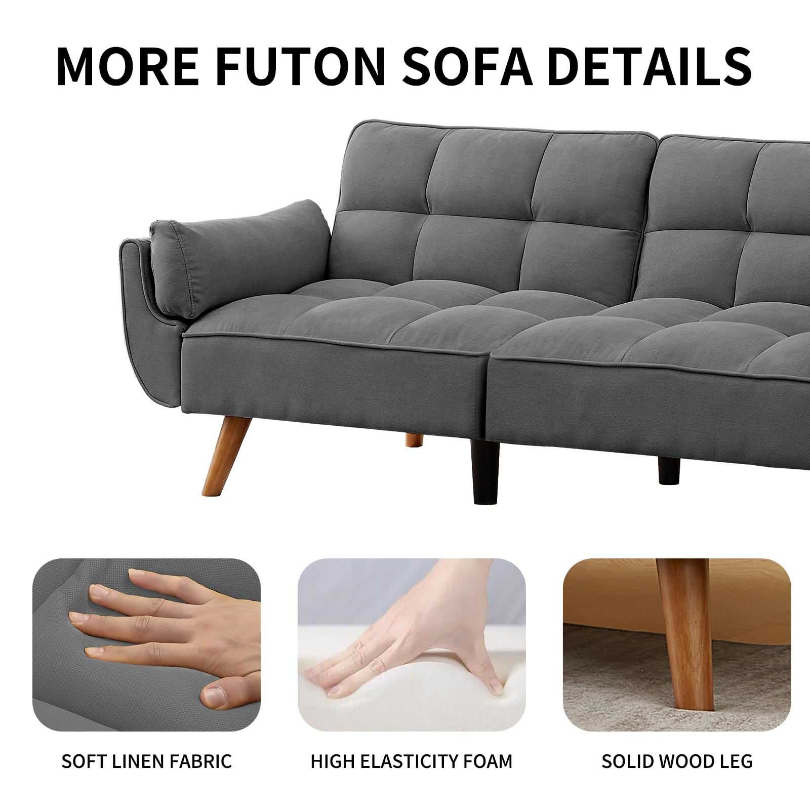 saows Futon Sofa Bed, Modern 75" Convertible Sofa Bed with Split Backrests and Pillow Top Armrests, Sleeper Bed Couch for Small Spaces, Living Room, Bedroom, Dark Grey