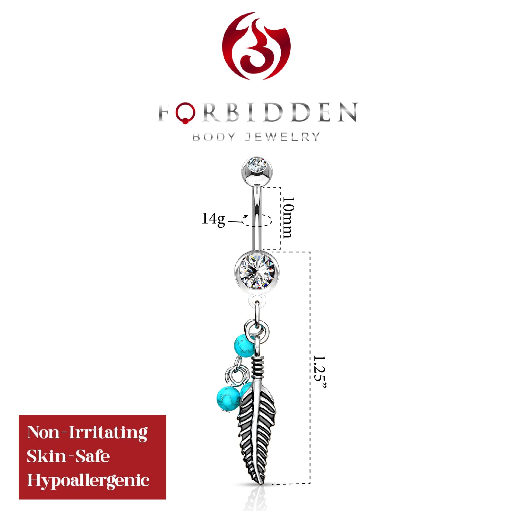 Forbidden Body Jewelry Surgical Steel Clear CZ Jeweled Feather with Simulated Turquoise Stone Beads Dangle Belly Ring