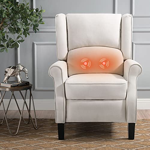 RYONGII Wingback Recliner Chair with Heating and Massage Tufted Fabric Recliner Sofa Furniture,Thick Seat Cushion and Backrest Modern Living Room and Bedroom (Ivory)
