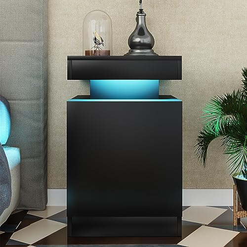 oneinmil Nightstand Set of 2 with LED Lights,Night Stand with Storage Cabinet for Bedroom,Bedside Table with LED, Black