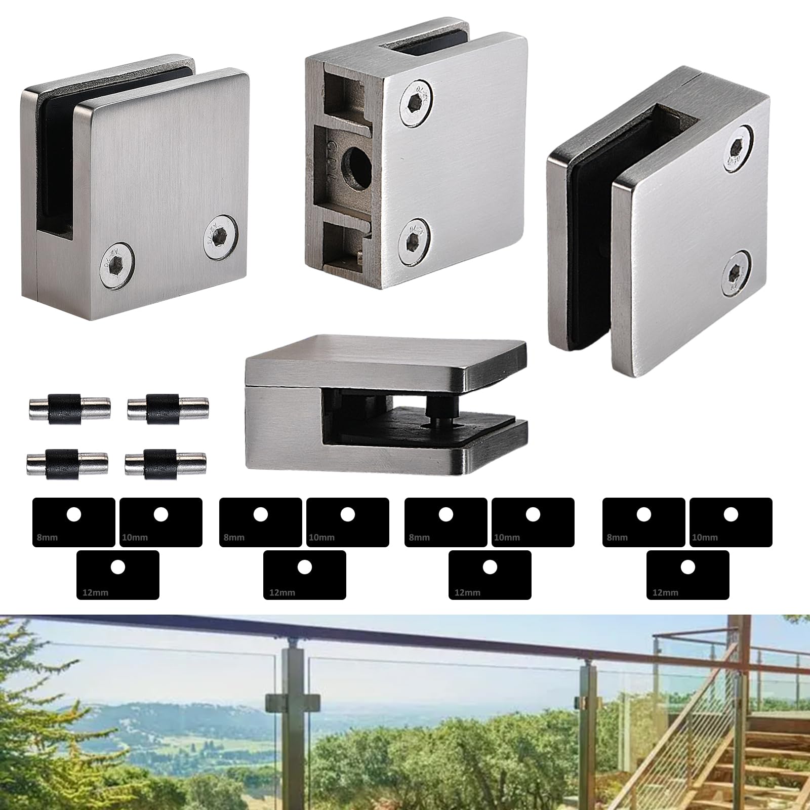 Glass Clamp-4PCS Adjustable Glass Shelf Bracket, 1/3 "-1/2 " 304 Stainless Steel Glass Clamps, Glass Clamp Bracket Is Suitable for Railing, Stairs, Glass Wall, All Kinds of Glass (Silver-4pcs)
