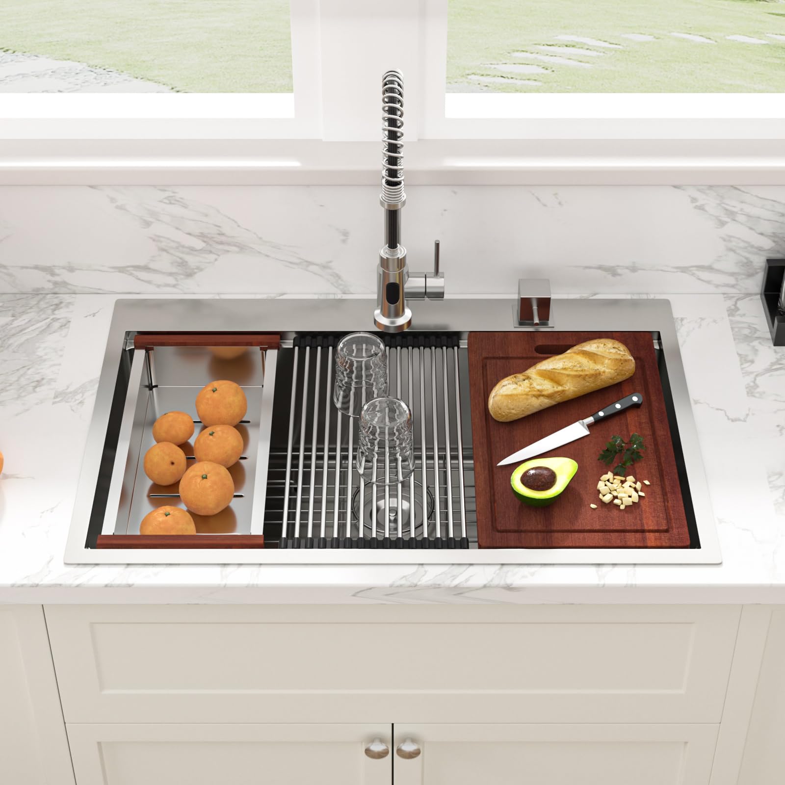 Sarlai Drop In Kitchen Sink - 33x22 Drop In Kitchen Sink Ledge Workstation 16 Gauge Stainless Steel Topmount Deep Single Bowl Over Counter Kitchen Sinks Basin Round Corners