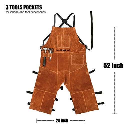 Leather Welding Apron Split Leg for Men&Women - Spark | Flame | Heat Resistant Bib Apron by QeeLink - Heavy Duty Cowhide Leather, One Size Fit Most (24 x 52-inch)