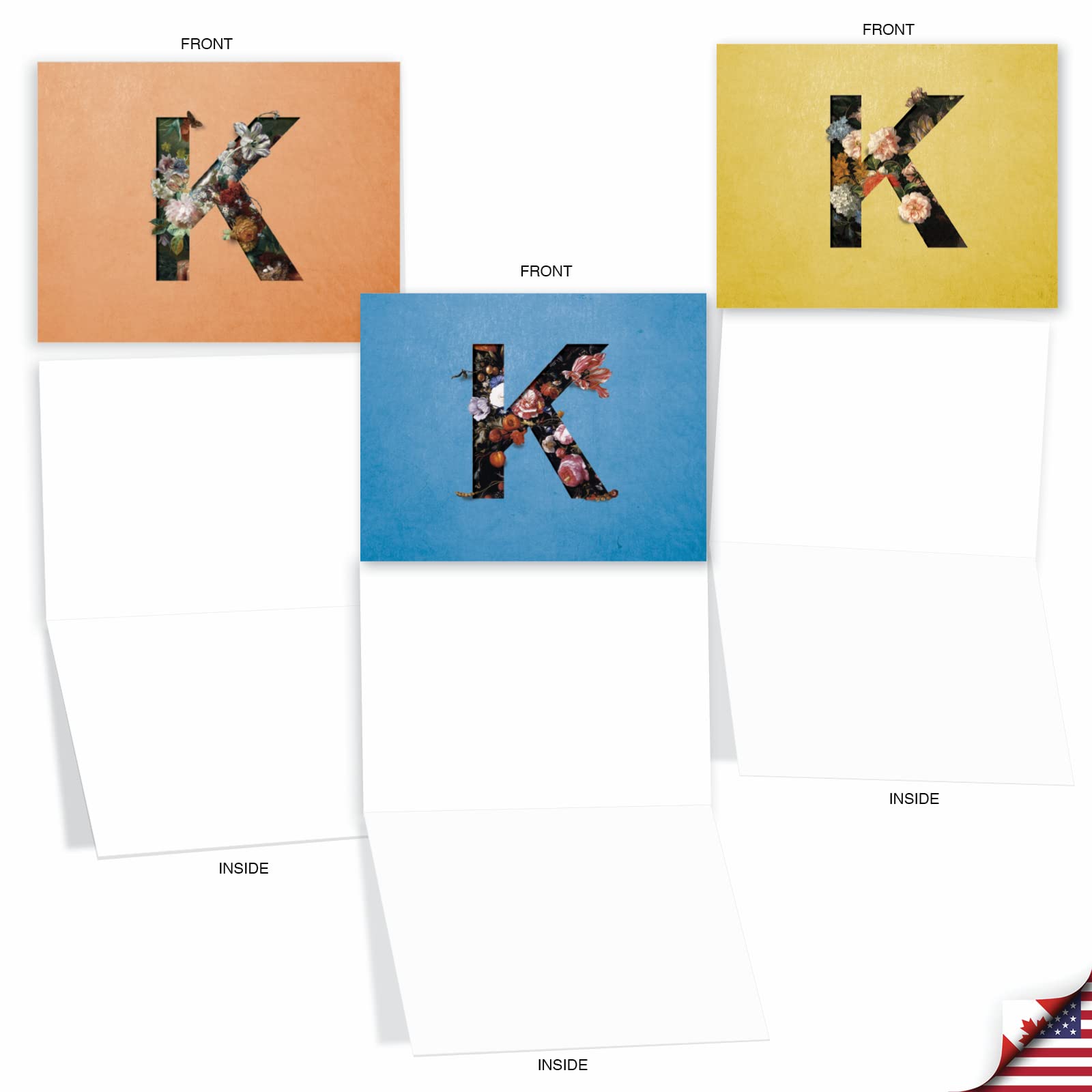 The Best Card Company - 10 Initial Letter βKβ Assorted Blank Notecards Beautiful Flower Personal Stationary 4 x 5.12 Inch, Bulk Variety Pack for Thank You and Notes - Baroque Blooms K M3838OCB-B1x10