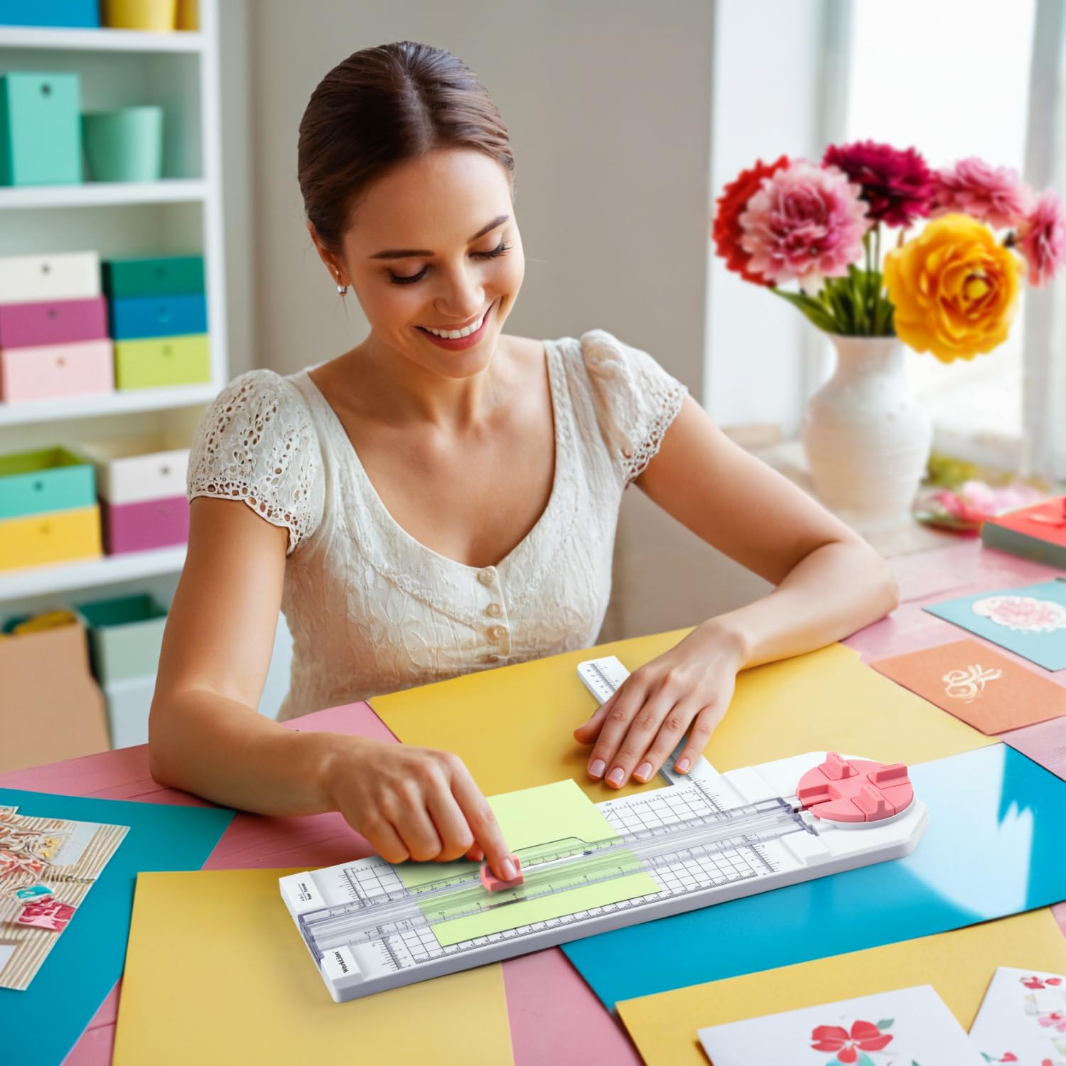 Paper Cutter for Craft:Paper Trimmer, Perforator, Folding, Pinking Cutting on Paper, Vinyl, Cardstock, Photo for Scrapbooking and Cardmaking Plus Sideways Ruler, Pink, Worklion