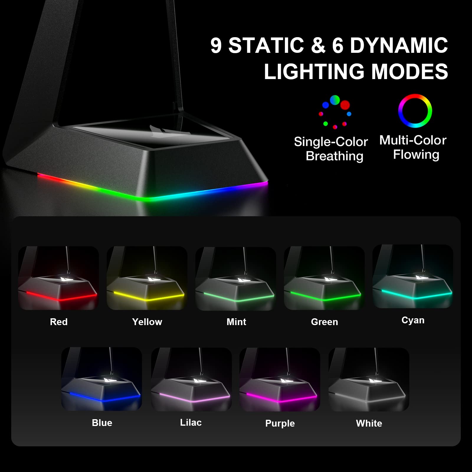 GTRACING Gaming Headphone Stand, Gaming Headset RGB Holder with Wireless Charger, 3 USB Hub, 3 in 1 Multi-Functional Base Station, Gifts for Gamers, PC Game Earphone Accessories