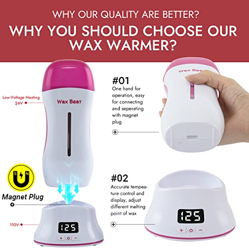 Wax Bear Roll On Wax Heater Kit for Hair Removal,Roller Wax Cartridge Depilatory Digital Temperature Display with for Personal & Professional Use,White