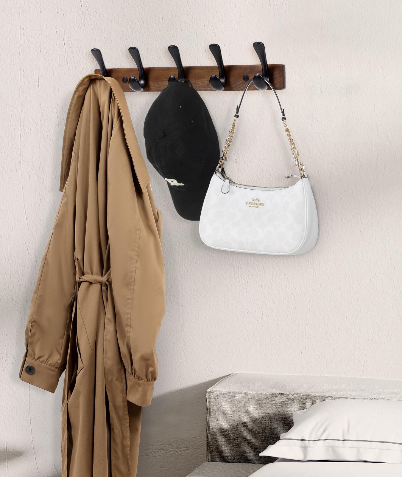 Optish Walnut Wood Coat Rack Wall Mount, Coat Hooks Coat Hanger Wall Mount, Heavt Duty Wall Hanger Wall Hooks for Hanging, Entryway Decorative Hat Rack for Coat, Bag, Hat and Towel