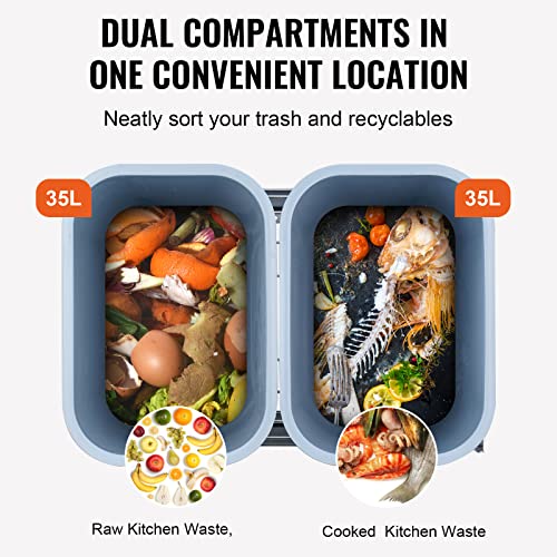 VEVOR Pull-Out Trash Can, 37Qt Double Bins, Under Mount Kitchen Waste Container with Soft-Close Slides, 44 lbs Load Capacity & Door-Mounted Brackets, Garbage Recycling Bin for Kitchen Cabinet, Grey