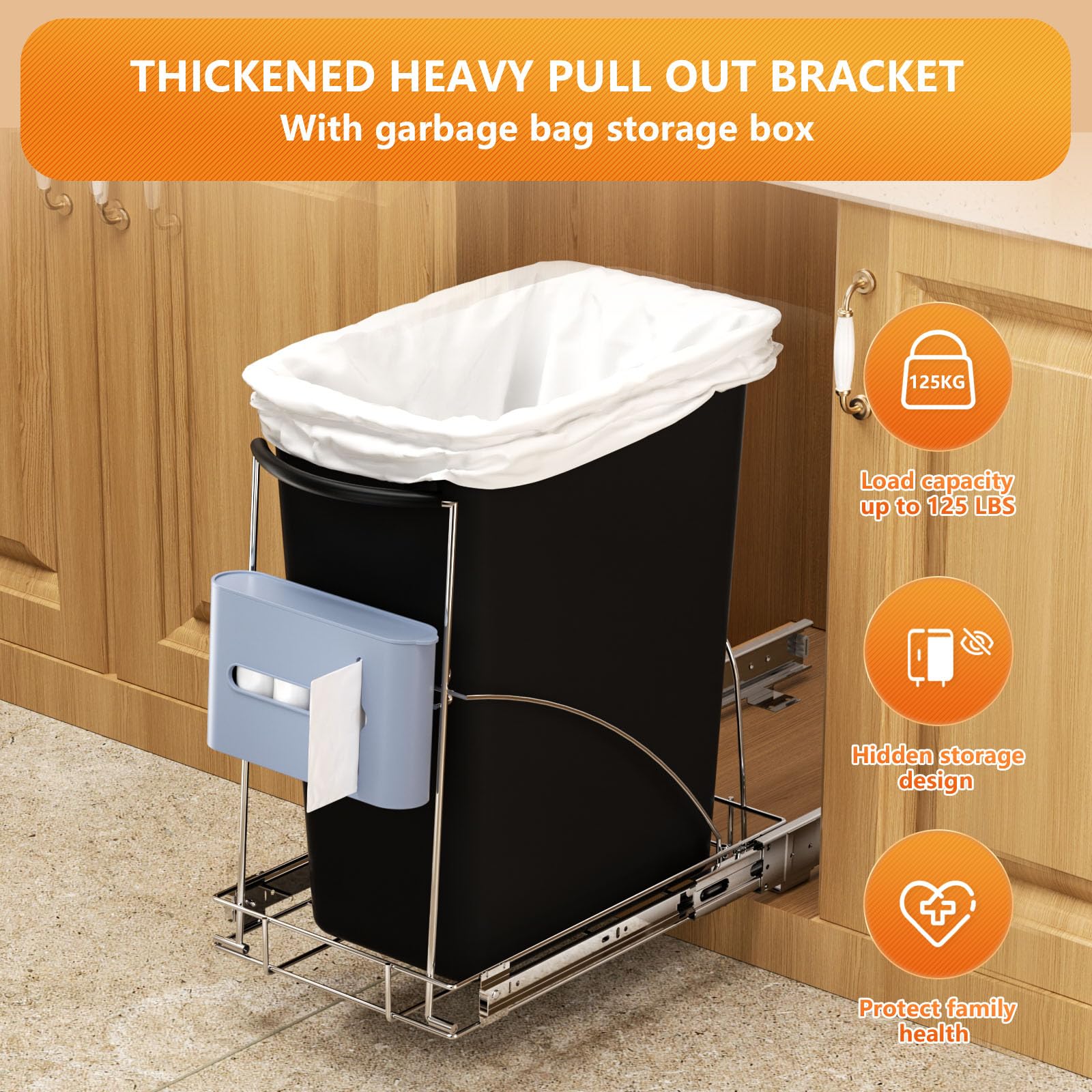 Pull Out Trash Can Under Cabinet with Garbage Bag Holder,Heavy Duty Under Sink Garbage Can Pull Out Kit-Up to 125 lb,Fit for 7–13 Gallon Cans ,Chrome (Trash Can Not Included)