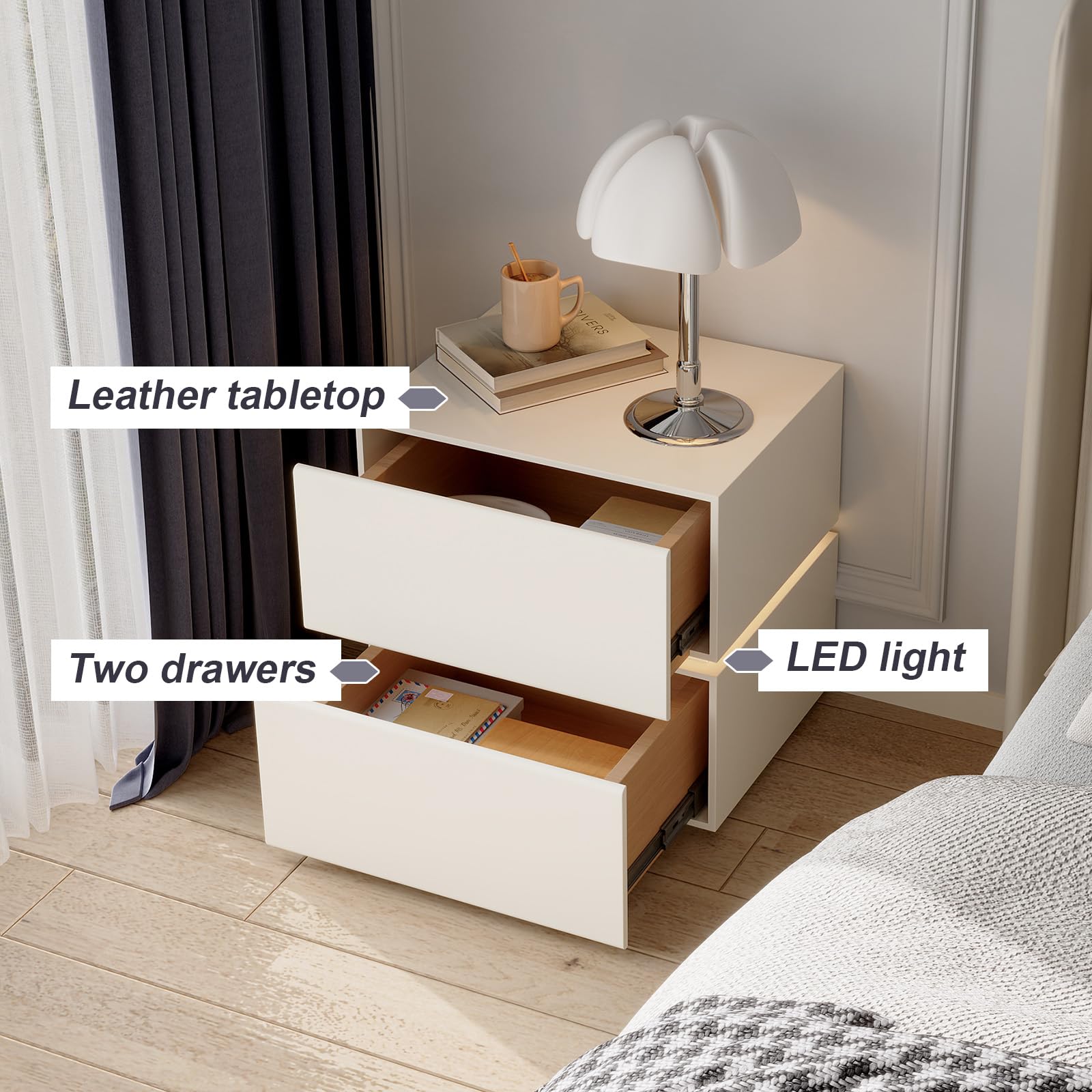 Solarka Nightstand with Lights, Small LED Nightstand Modern Bedside Table with 2 Drawers, Side Table with Leather Surface, No Assembly (Black/White)