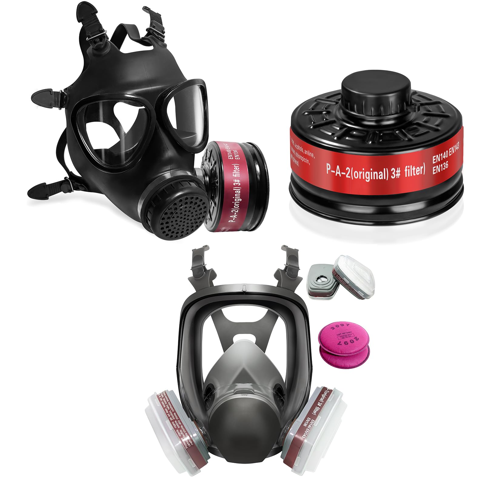 Full Face Respirator Mask with 2097 & 6001CN Filter,Gas Mask with 2 pairs 40mm Activated Carbon Filters to Prevent Gas/Dust/Chemicals/Vapors/Fumes/Asbestos,for Painting,Polishing,Welding,Sanding work