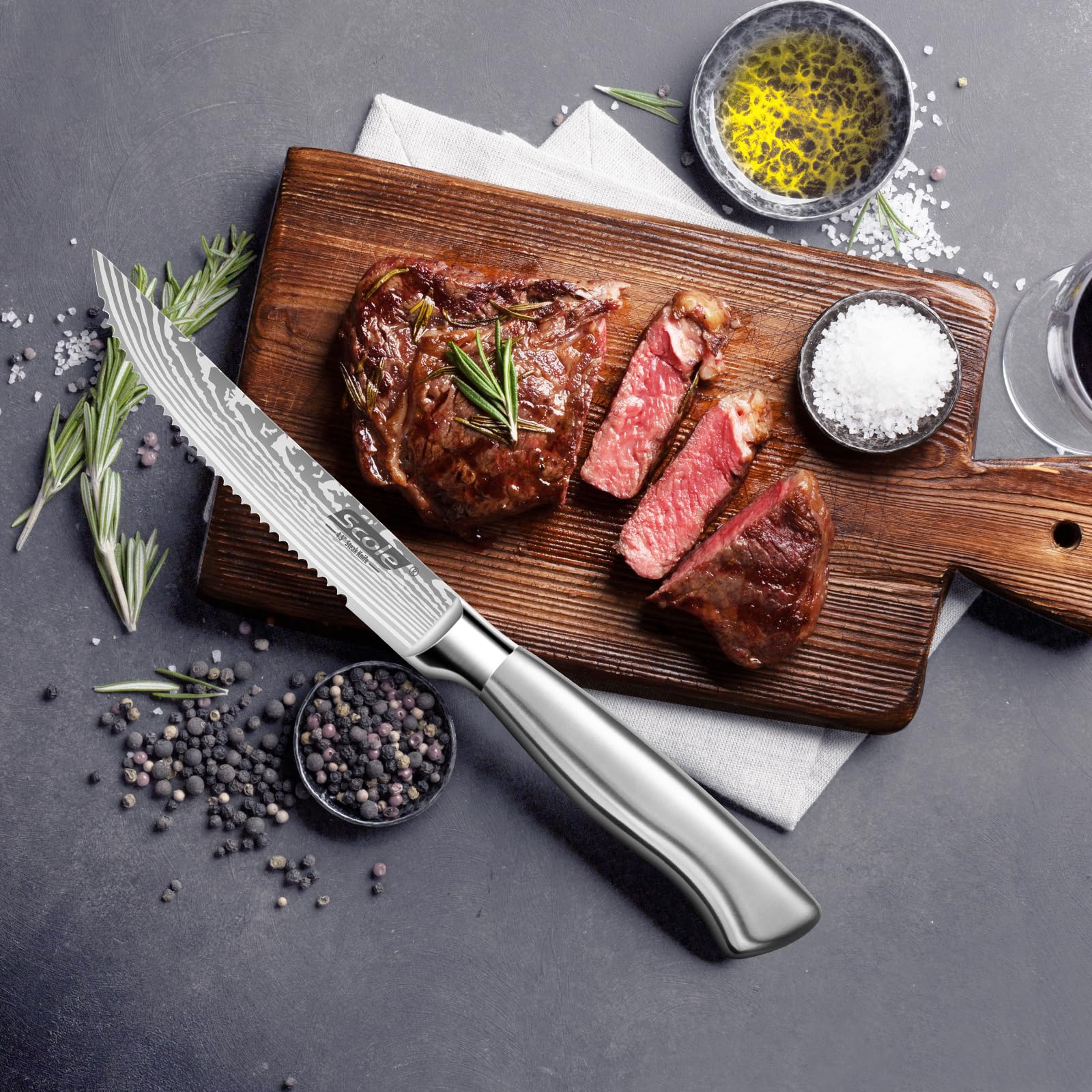 SCOLE® Steak Knives, 4.5 inches Steak Knife Set of 6, Dishwasher Safe Serrated Steak Knives German Stainless Steel Dinner Knives with Gift Box, Silver