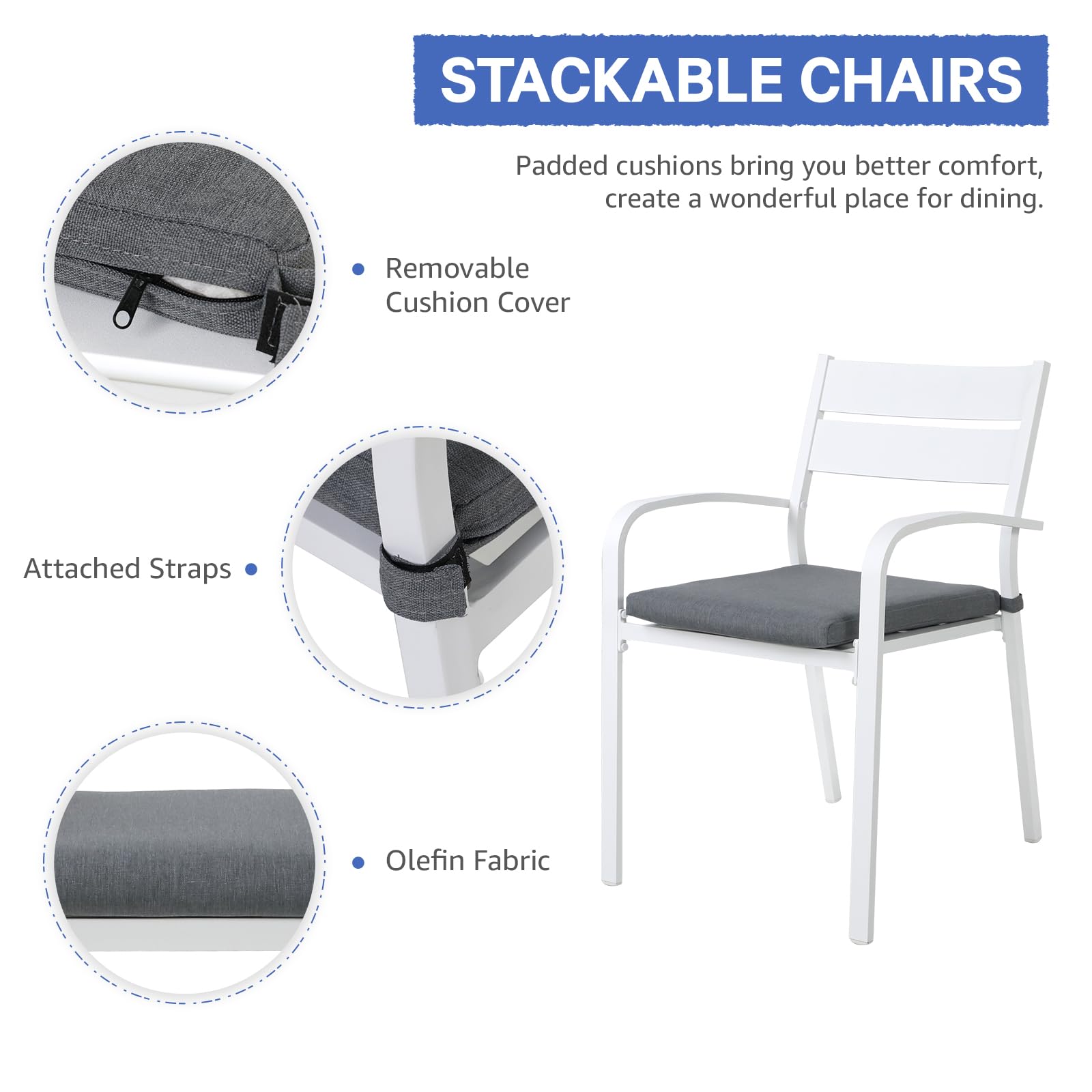 Soleil Jardin Outdoor Aluminum 4-Piece Patio Dining Chairs with Cushions, Stackable Bistro Chairs for Balcony, Garden, Backyard, White Finish & Grey Cushion