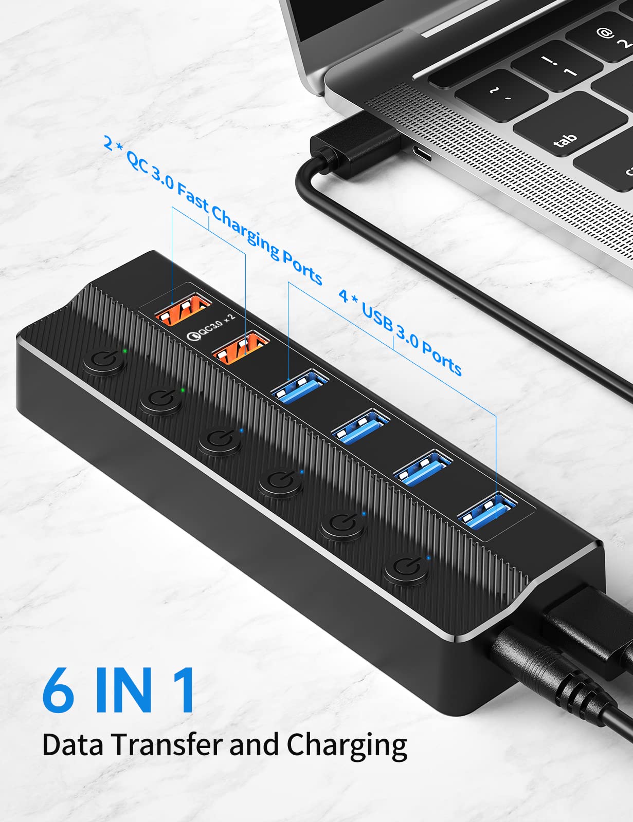 Powered USB 3.0 Hub, LURMMUE 6-Port USB Hub (4*USB 3.0 Data Ports and 2*QC 3.0 Charging Ports) with Individual On/Off Switches, 12V/4A Power Adapter for Mac, PC, Laptop, Computer