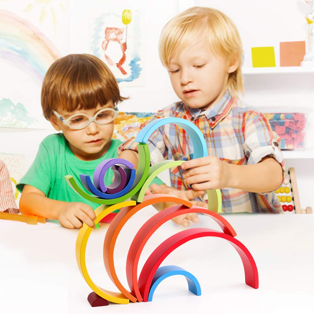 GEMEM 8 Pcs Wooden Rainbow Stacker Large Nesting Blocks Puzzles Stacking Montessori Learning Educational Toys for Baby Toddlers