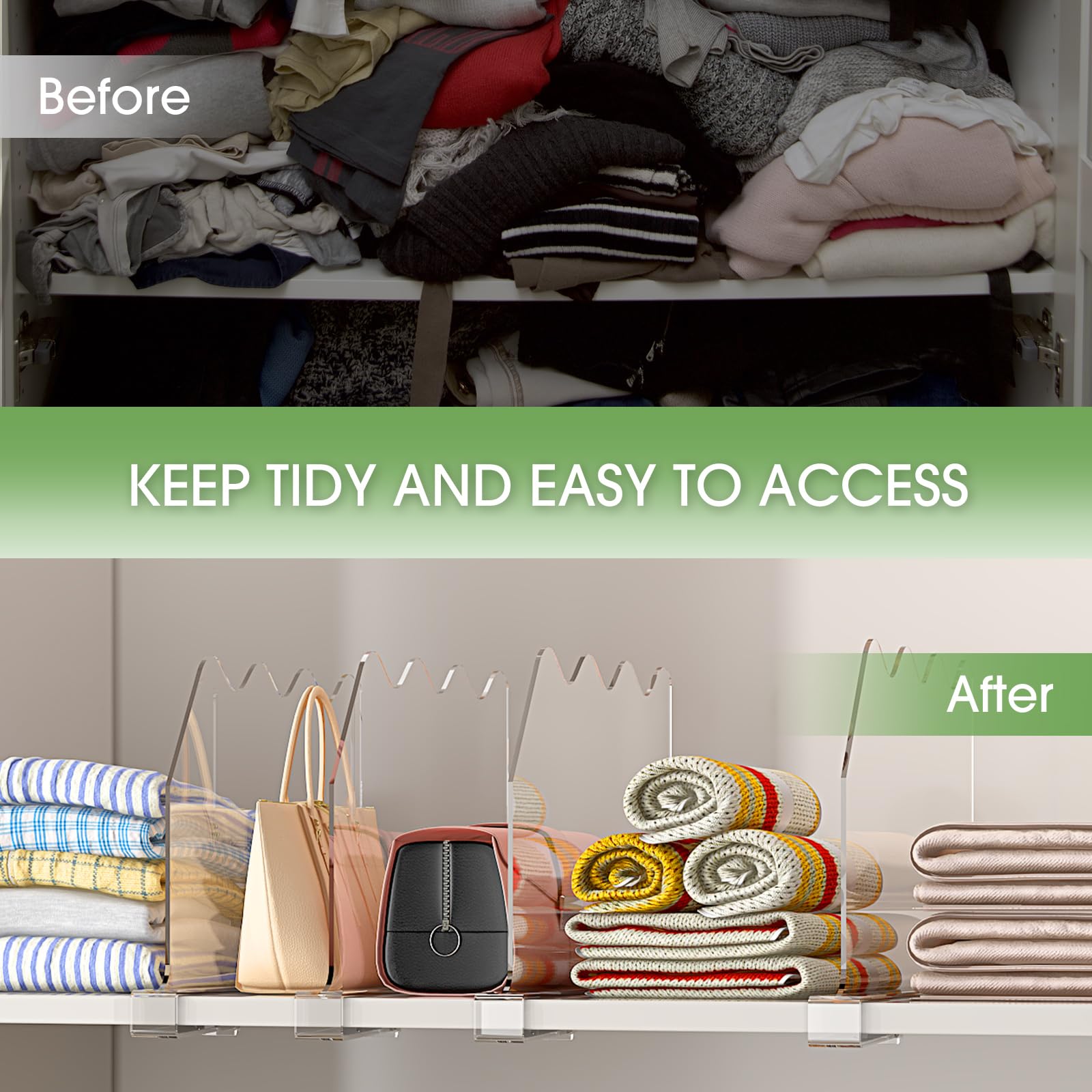SPACEKEEPER Shelf Dividers for Closet Organization, Clear Closet Shelf Divider for Clothes Purses Separators, Wood Shelves Organizer for Bedroom, Kitchen, Office, Cabinets, Bathroom, 12 Pack