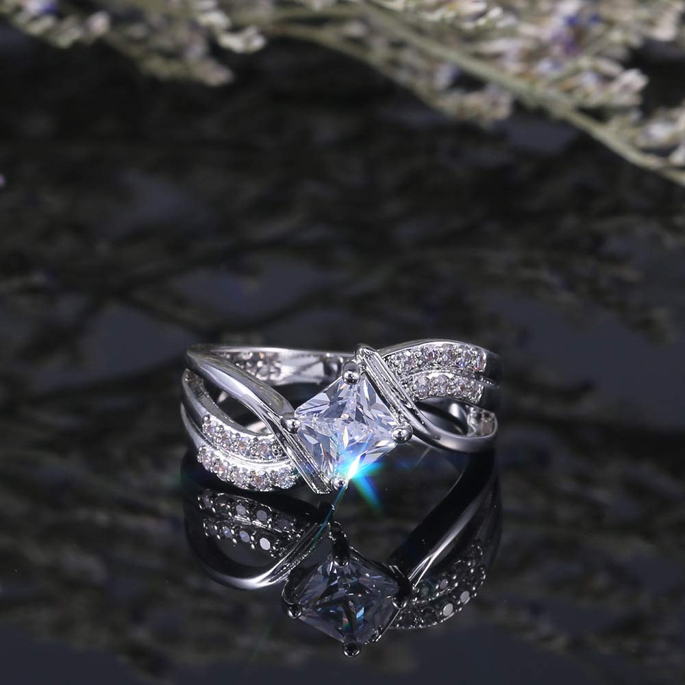 Gixaxak 925 Silver Ring Square Cubic Zirconia Inlay Ring CZ Crystal Square Engagement Rings Split Shank Promise Rings Wedding Personality Bands 7