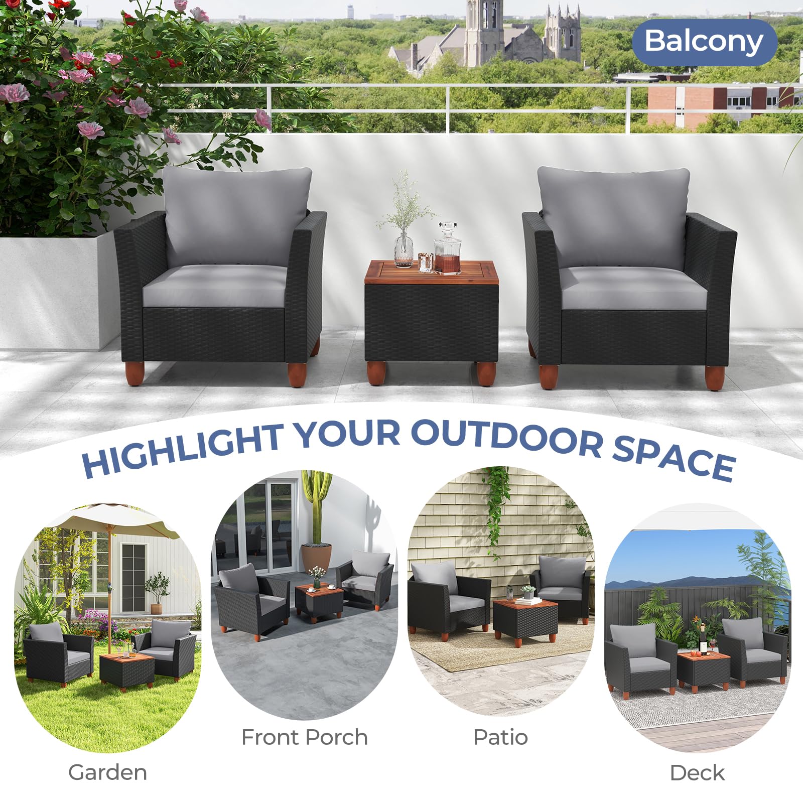 ORALNER 3 Pieces Patio Furniture Set, Outdoor Wicker Conversation Chairs with Cushion, Acacia Coffee Table, Rattan Bistro Set for Balcony Garden Backyard Front Porch Poolside (Grey)
