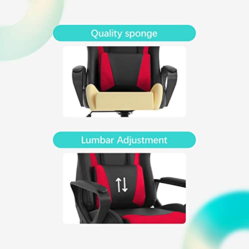 Gaming Chair High Back Computer Chair Comfortable Massage Office Chair Executive Racing Chair Adjustable Height Ergonomic PU Desk Chair with Lumbar Support Armrest for Home Office (Red, KC)