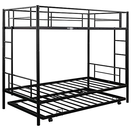 Metal Bunk Bed with Trundle Twin Over Twin Modern Bunk Beds with Slats Heavy Duty Bunkbed Frame for Adults,Teens,Boys and Girls. (Black)