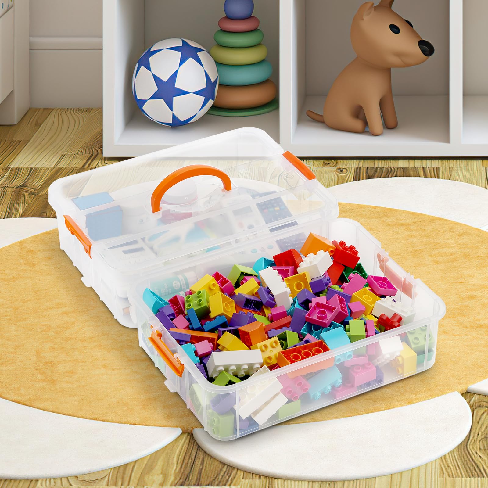Yesland Large 2 Layer Stack & Carry Box,13.75 x 10 x 7.5 Inch Plastic Multipurpose Stackable Craft Storage Box Container with Orange Handle, Portable Organizer Box for Stationery, Sewing, Art Craft