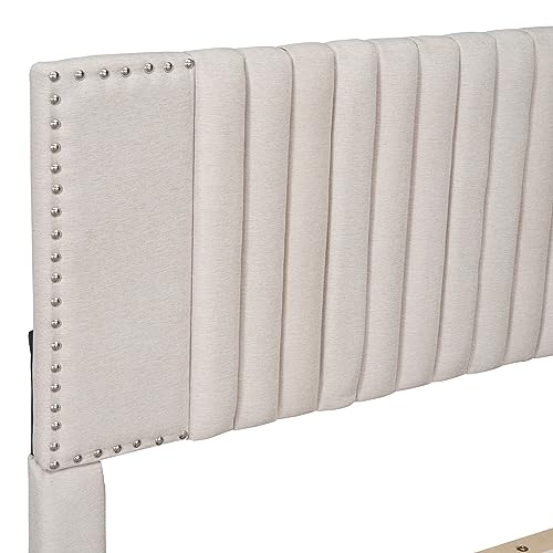 Merax Queen Size Upholstered Platform Bed Frame with Soft Classic Headboard and 4 Drawers, Linen Fabric,Beige