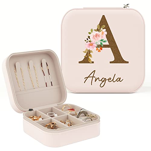 Personalized Jewelry Box - Custom Gifts for Women, Portable Small Travel Jewelry Organizer with Birth Flower & Name, Bridesmaid Gifts, Wedding Gifts, Gifts for Birthday Anniversary for Mom Wife Girls