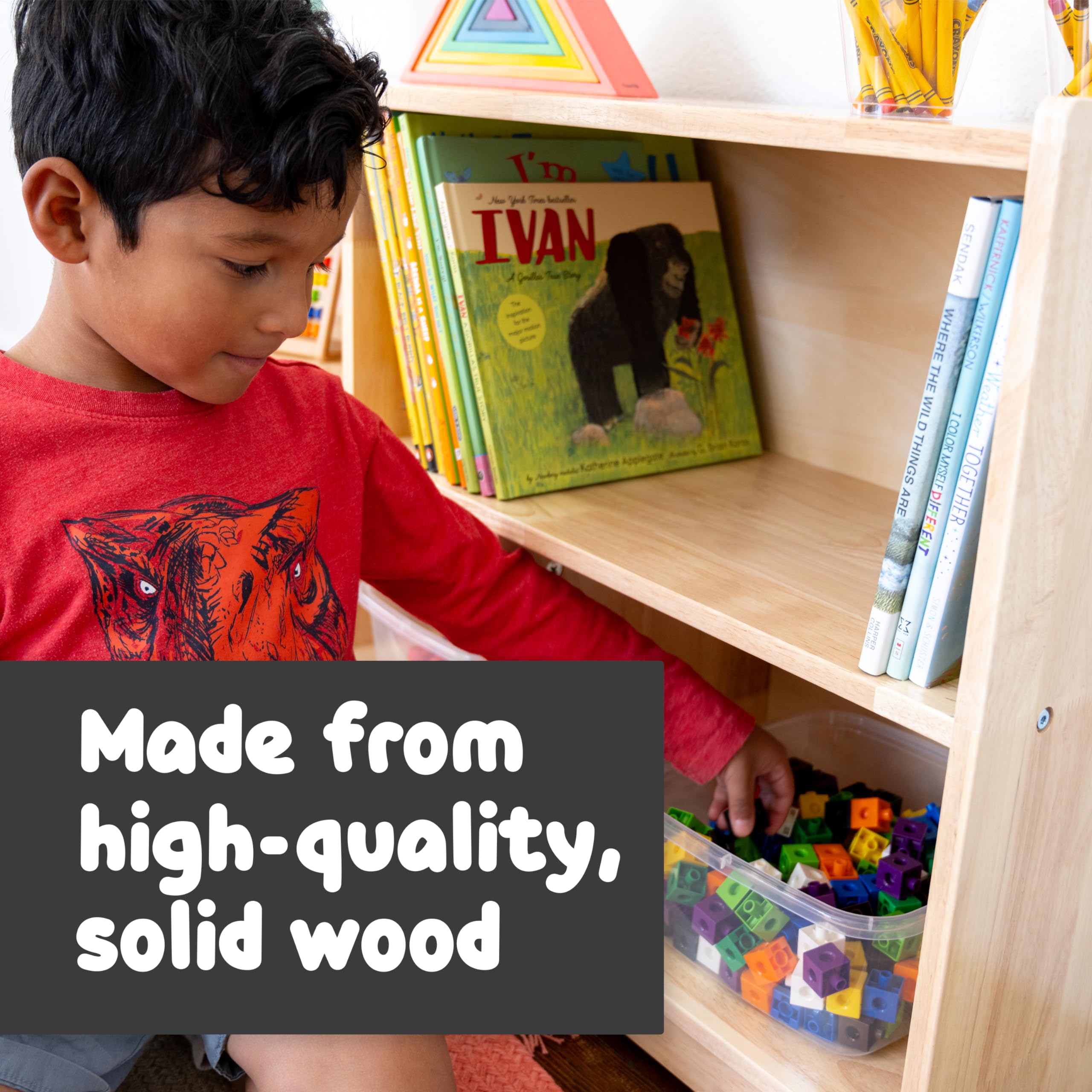 SPARK & WOW 5-Compartment Solid Wood Storage Cabinet - Toy Shelf Organizer - Shelves for Classroom - Includes Optional Wheels