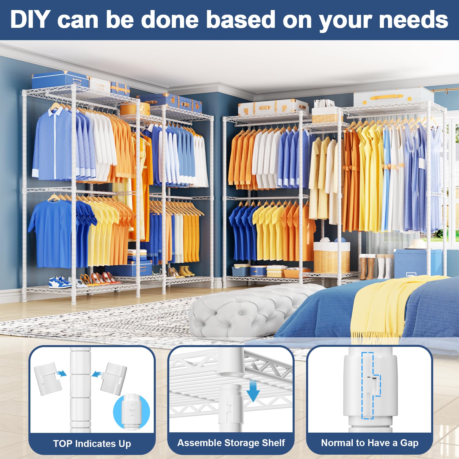 Ulif E12 Clothes Rack，Heavy Duty Freestanding Garment Rack with Shelves，Metal Clothing Closet Storage System for Hanging Clothes，71" W x 16" D x 76.5" H, Hold 960 lbs，Black