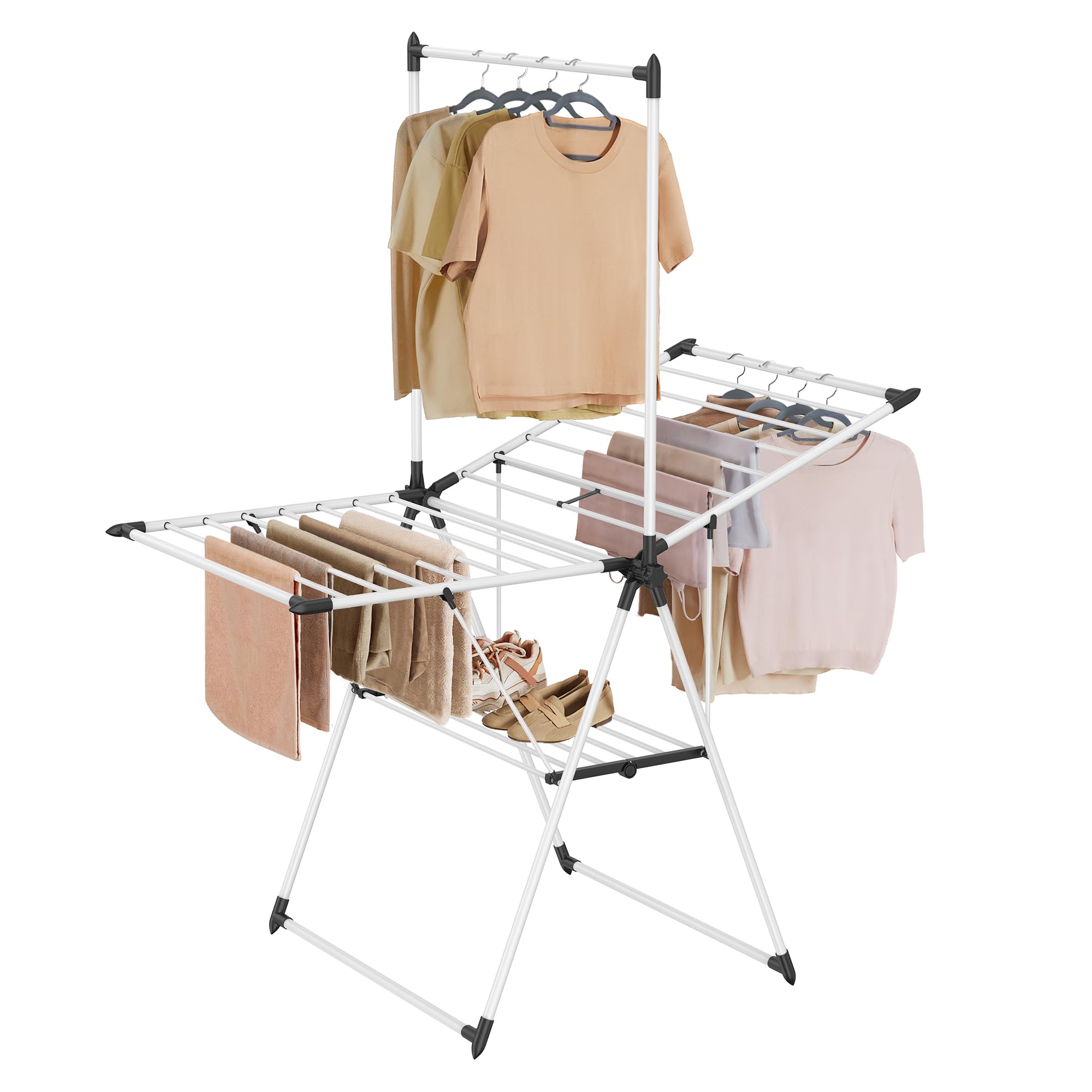 SONGMICS Clothes Drying Rack, Foldable 2-Level Laundry Drying Rack, Free-Standing Airer, 1 Additional Tall Hanging Bar, 2 Height-Adjustable Wings, 24 Drying Rails, Space Savng, Simply White ULLR521W01