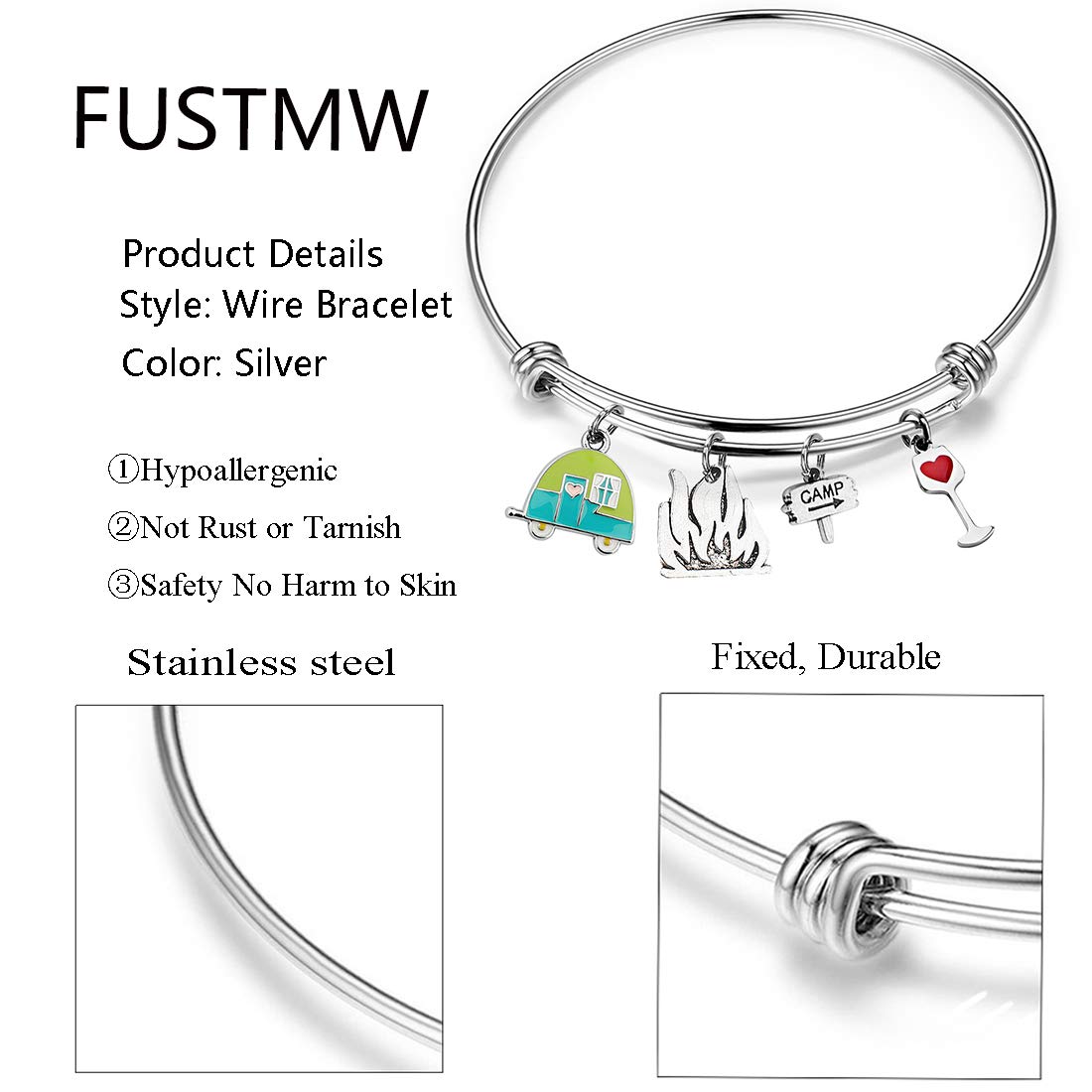 FUSTMW Travel Camper Bracelet Camping Charm Bangle RV Travel Trailer Camping Jewelry Gift for Women (Silver Bracelet)