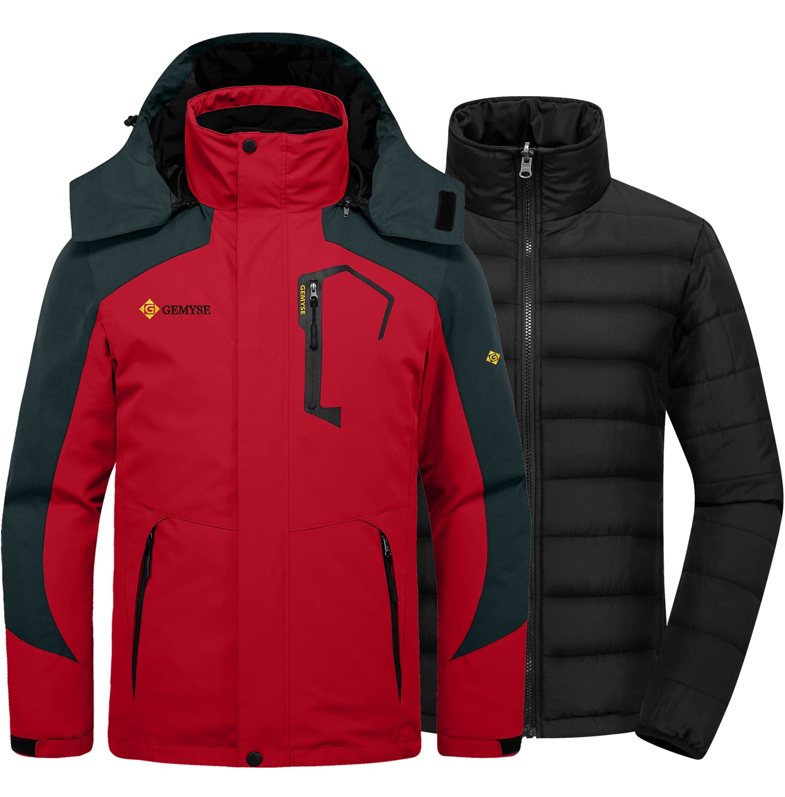 GEMYSE Men's Waterproof 3-in-1 Ski Snow Jacket Puffer Liner Insulated Winter Coat (Oriental Red,Large)