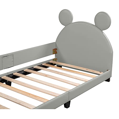 Twin Size Kids Upholstered Bed with Carton Ears Shaped Headboard,Children Twin Platform Bed Frame with PU leather,Cute Wooden Single Bed for Girls Boys, No Box Spring Needed , Grey