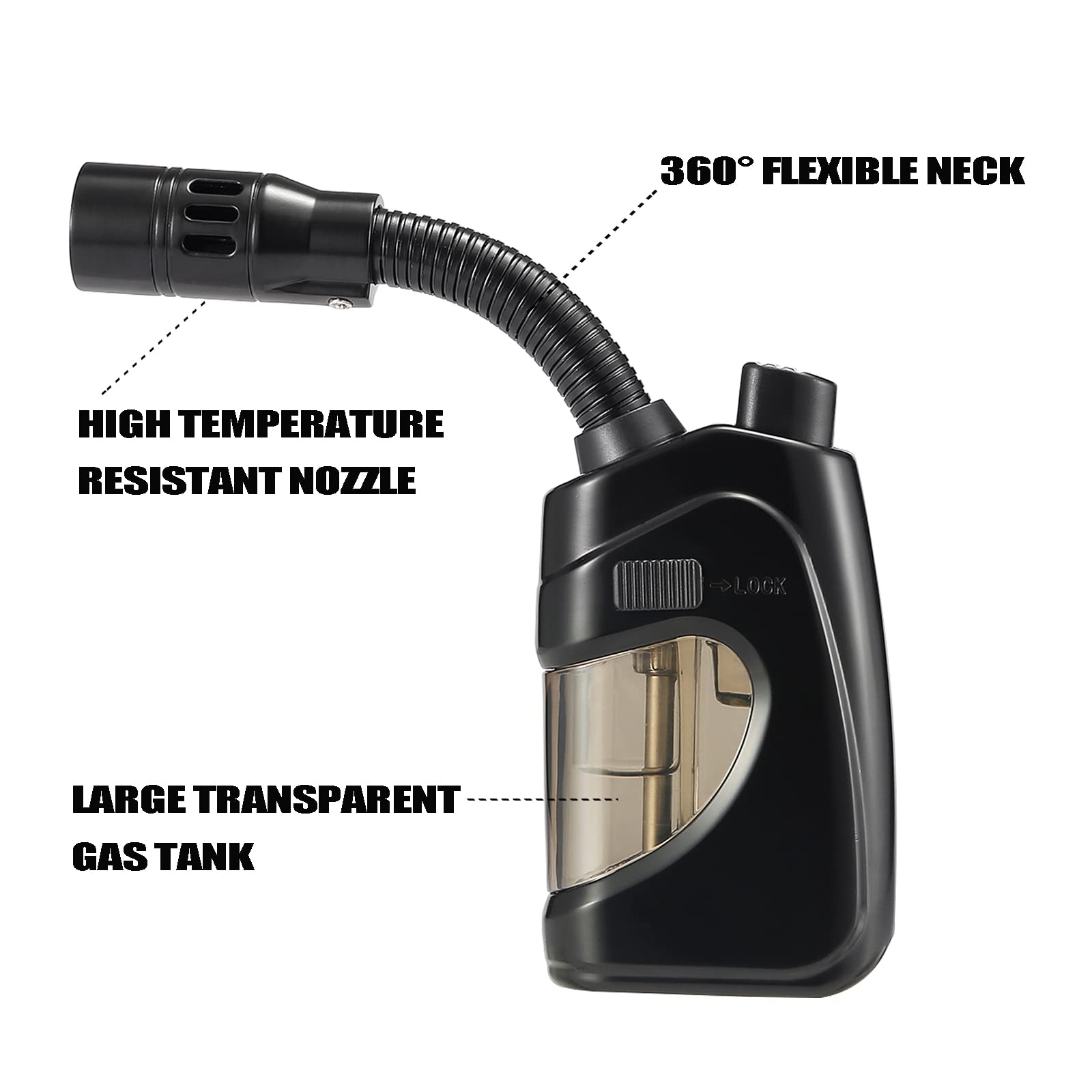 Futlidys Flexible Tube Torch Lighter with Flame Locking Function, Butane Lighter with Transparent Large Fuel Tank, Windproof Camping Lighter. Black(Sold without Gas)
