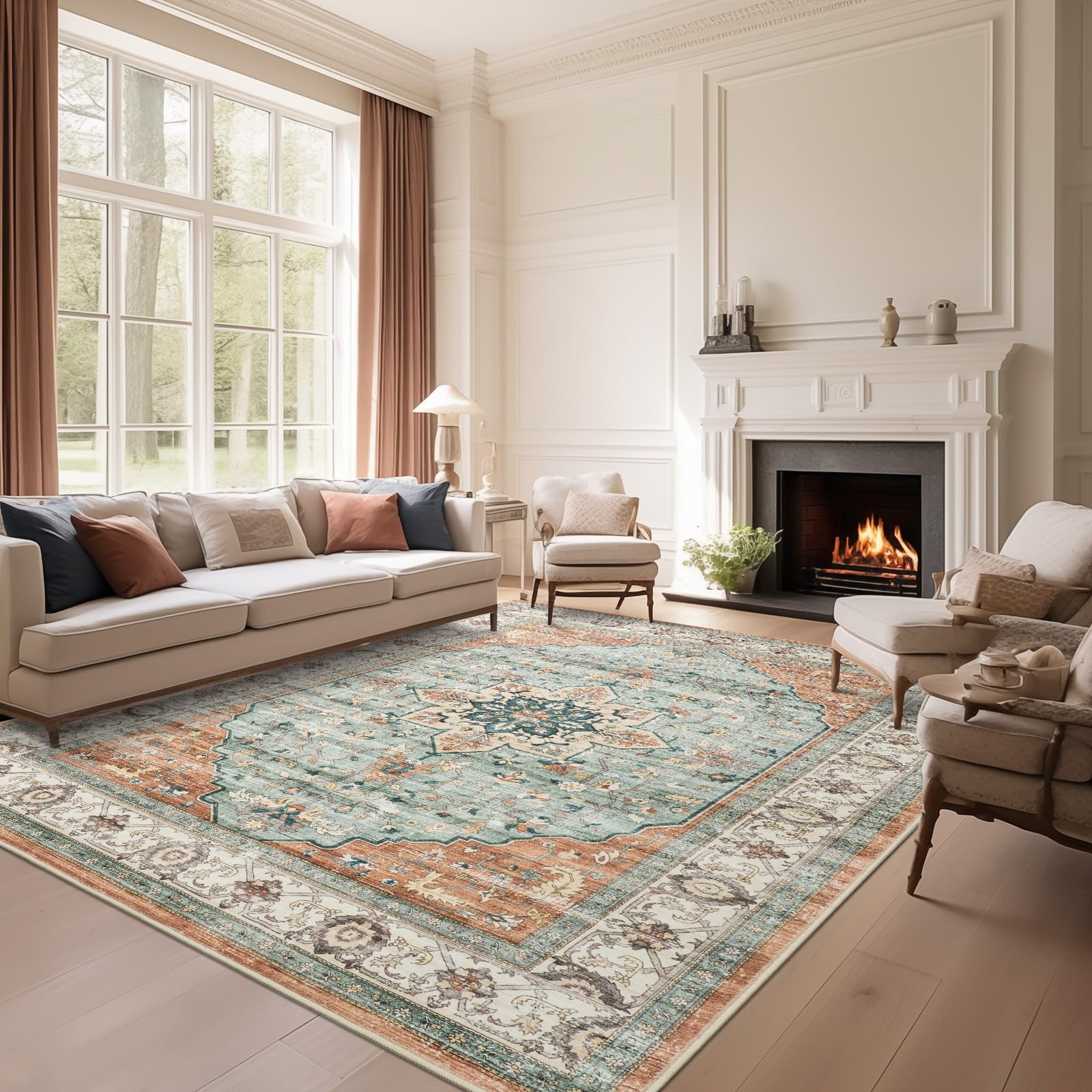 Soalmost Area Rug 8x10 Rugs for Living Room 8 x 10 Vintage Washable Rugs Low Pile Non-Slip Living Room Rugs for Bedroom Dining Room Indoor Floral Thin Rugs Orange Grey