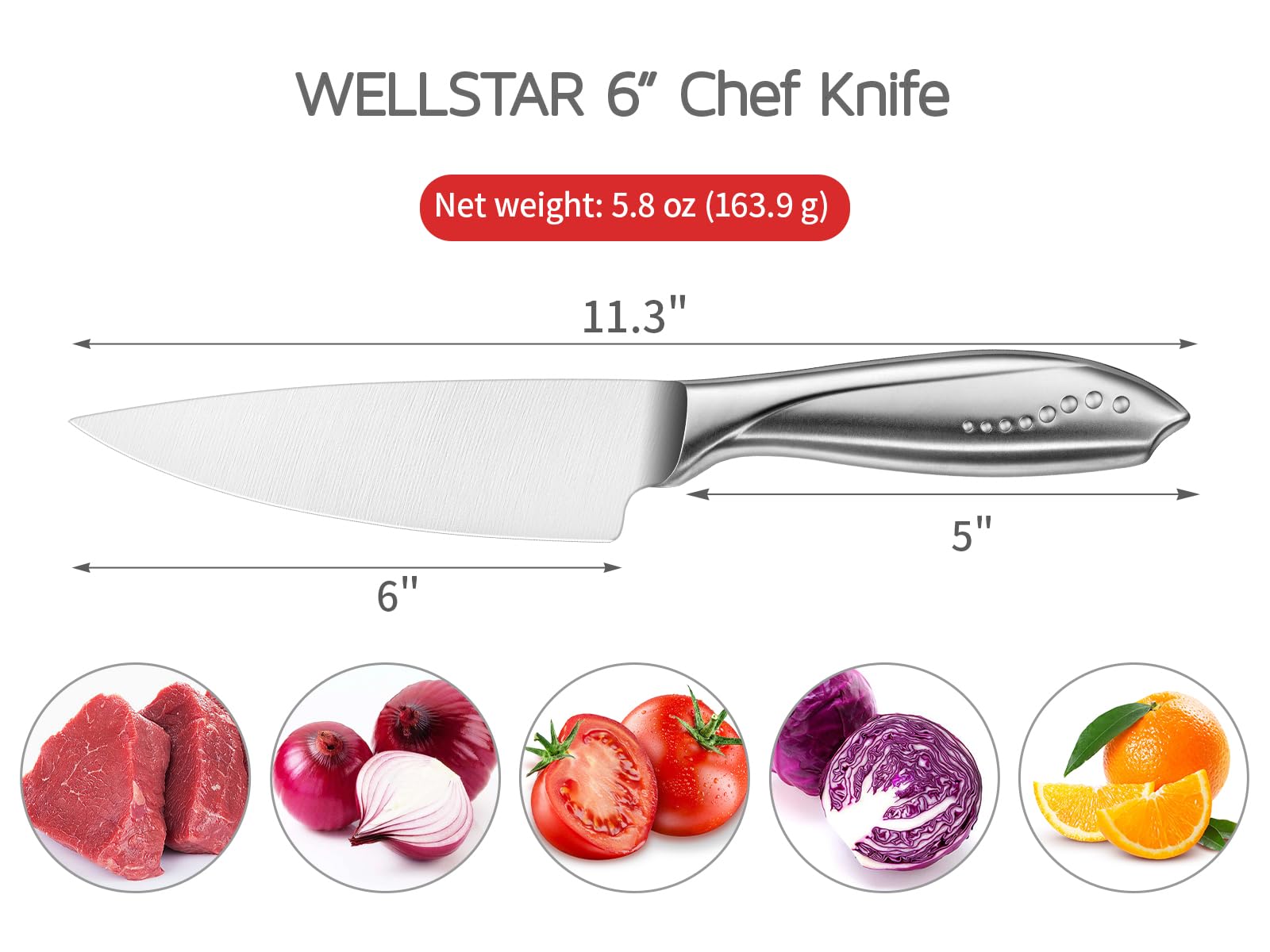 WELLSTAR Chef Knife, 6 Inch Kitchen Chef’s Knife Sharp High Carbon Stainless Steel Cooking Knife for Meat Sushi Vegetable Fruit Cutting Slicing Dicing, Useful Kitchen Gadget